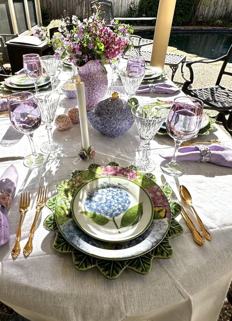 Poolside Dining with Pink and Purple Posies - Life is Better Lakeside