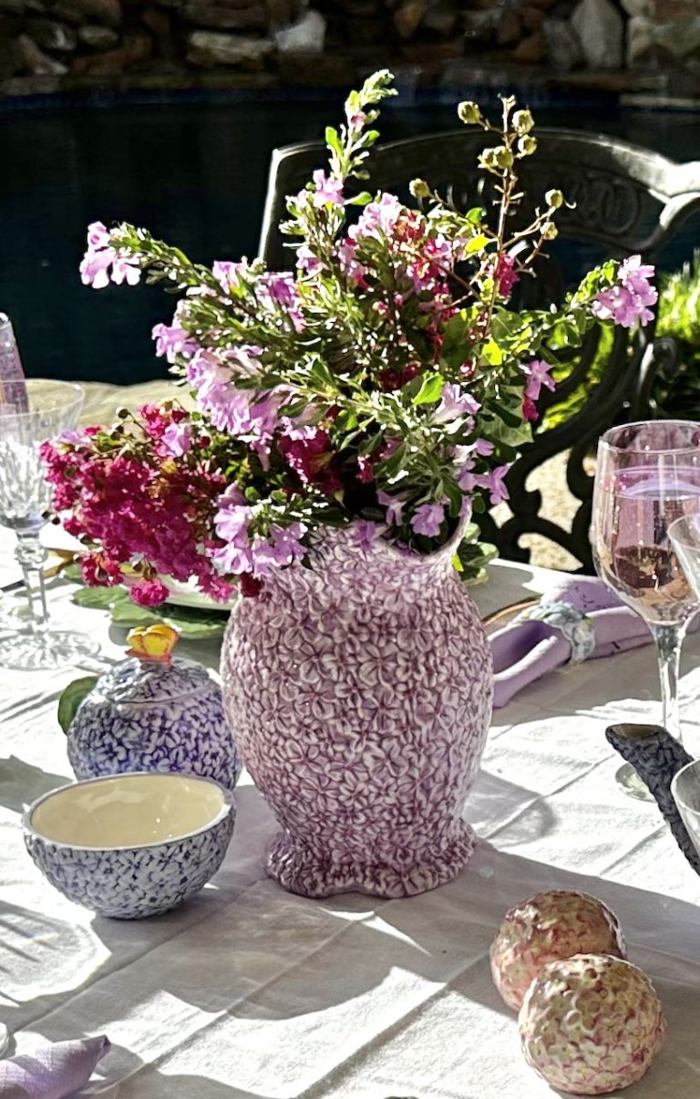 Poolside Dining with Pink and Purple Posies - Life is Better Lakeside