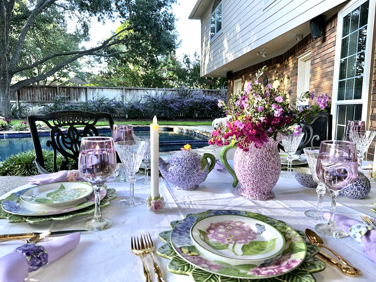 Poolside Dining with Pink and Purple Posies - Life is Better Lakeside